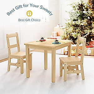 Curipper Rubberwood Kids Table and 2 Chair Set, Water Resistant Toddler Table and Chair Set, Non-Slip Pad and Waterfall Edge, Easy to Clean,Ideal Children Table Set for Bedroom, Playroom,Natural Wood