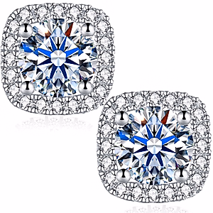 Tunzug Moissanite Halo Earrings Square 0. 5-3 Carat 925 Sterling Silver Plated 18K Gold Plated Friction Flat D Color VVS1 Clear Earrings for Men Women