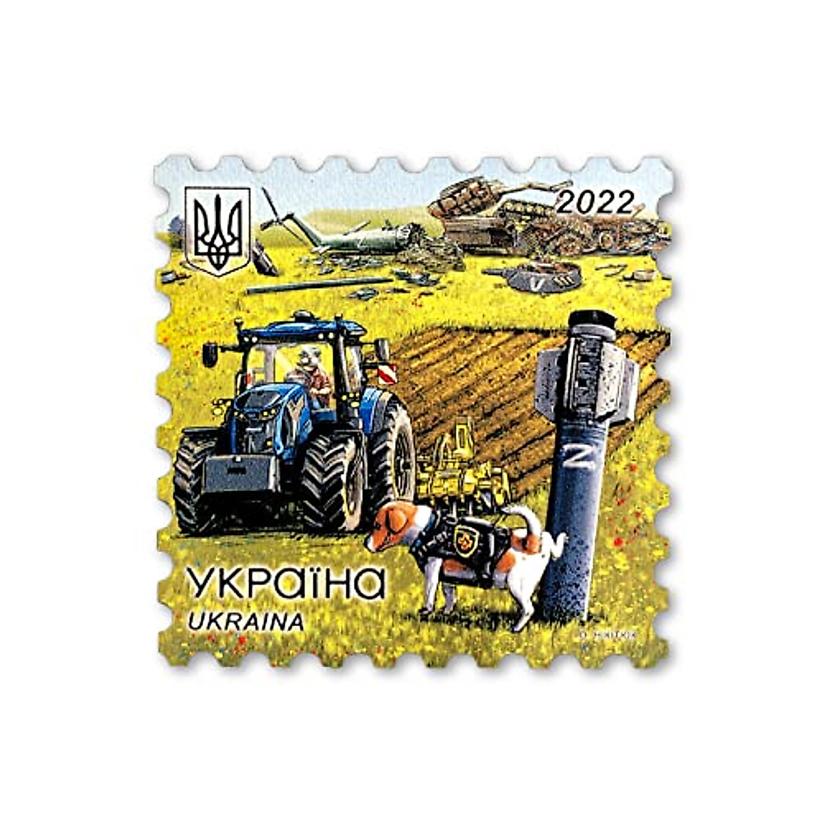 UKRPOSHTA Dog Patron Minesweeper, Rocket - Ukrainian Fridge Magnet Featuring Ukraine Stamp, Yellow, Blue, 62 * 62 mm (112967)