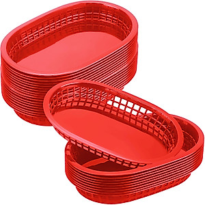 60 Pack Fast Food Baskets for Serving,10.5" x 7" Plastic Bread Baskets Oval Retro Storage Basket Bin Food Service Tray for Restaurant,Chip,Hot Dog,Burger,Sandwiches, BBQ, Picnic, Party (Red)