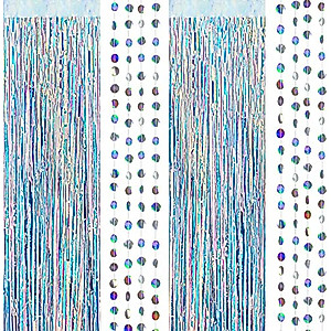 Iridescent Tinsel Foil Fringe Curtains for Birthday Party Photo Backdrop Circle Dots Garland Holographic Backdrop for Disco Euphoria Party Decorations