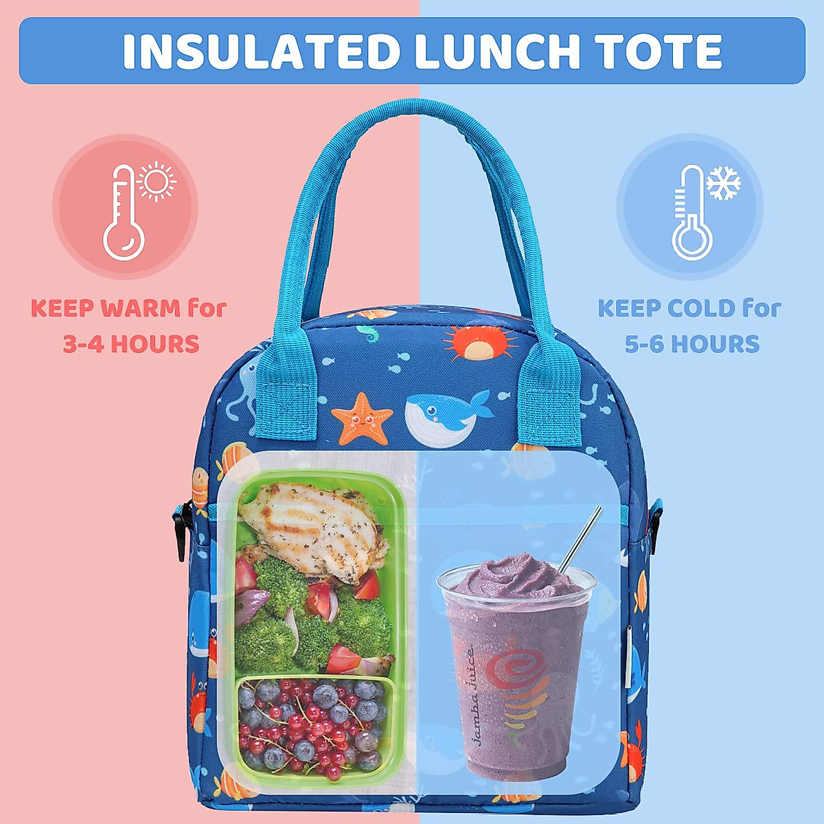 VASCHY Lunch Box Bag for Kids, Insulated Lightweight Lunch Tote for Children Boys and Girls School Daycare Kindergarten Ocean