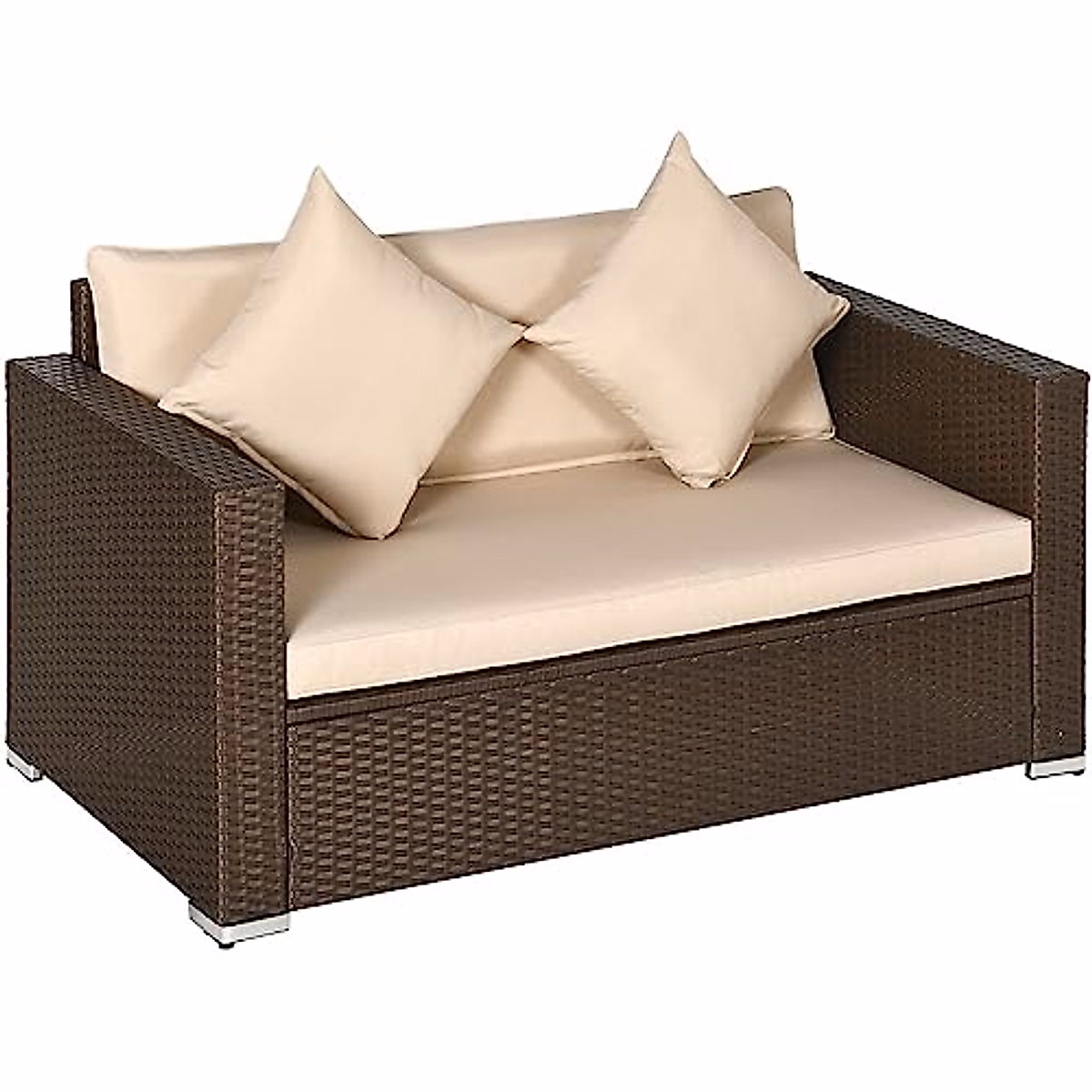 Hypeshops Outdoor Wicker Loveseat, Patio Furniture Couch with Cushions, 2 Seats PE Rattan Sofa, 2 Throw Pillows - Beige