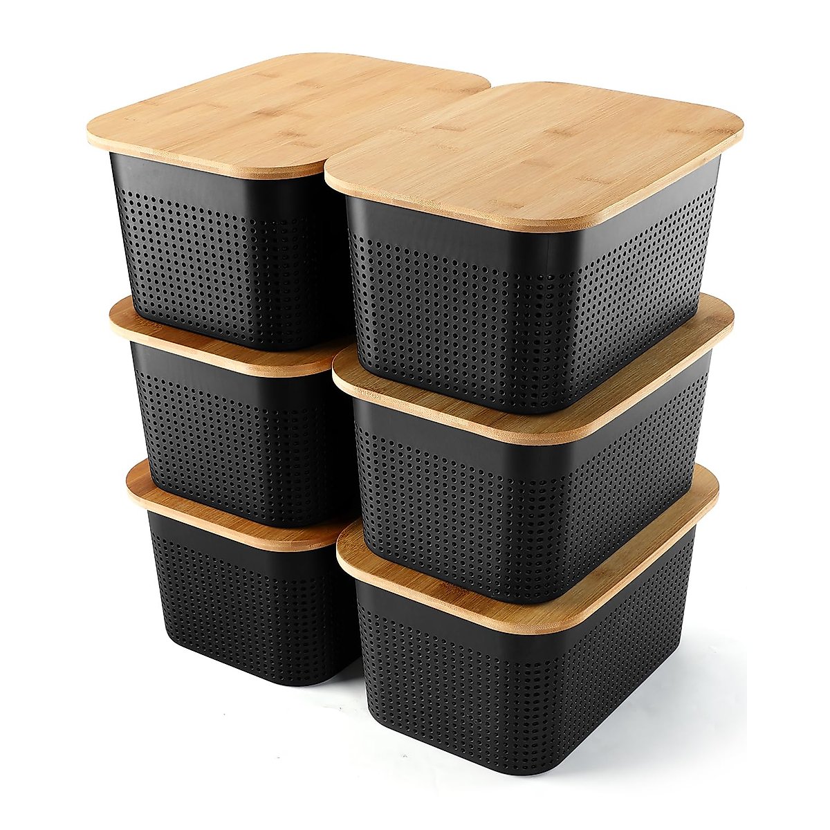 NEATJELAI Storage Bins With Lids 6 Packs Plastic Storage Containers With Bamboo Lids Stackable Storage Baskets for Organizing Desktop Closet Playroom Classroom Office,Black,10.8" L x 7.3" W x 5.1" H