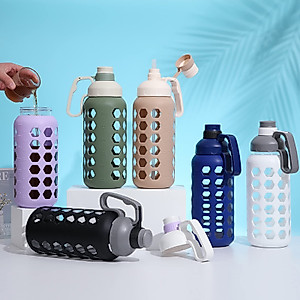 MUKOKO 64 Oz Glass Water Bottles, Half Gallon Water Bottle With Straw And Silicone Sleeve Wide Mouth Leakproof Reusable Water Jug With Time Marker And Handle For Gym, Outdoor, BPA Free,Amber