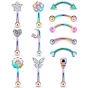 12Pcs 16G Rook Piercing Jewerlry Surgical Steel Eyebrow Piercing Jewelry Flower Crystal Heart CZ Moon Shape Eyebrow Rings Snake Eyes Rook Earrings for Women Men Tongue Retainer,Purple curved Barbell