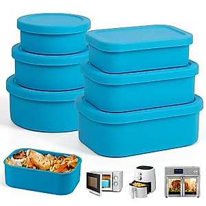 Nesting 100% Silicone Food Storage Containers with Lid & Measuring Line, 6 Pack, Leakproof Stackable Hard-Shell Silicone Containers for Food Lunch Snack, Microwave Oven Freezer Dishwasher Safe, Blue