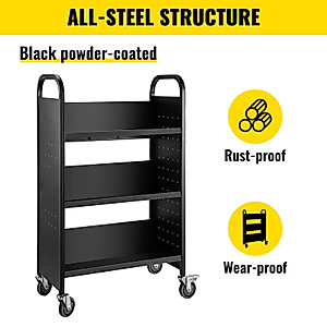 VEVOR Book Cart, 200LBS Library Cart, Single Sided V-Shaped 30x14x49 Inch Rolling Book Cart, Sloped Shelves with 4 Inch Lockable Wheels for Home Shelves Office and School Book Truck in Black