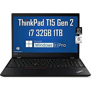 Thinkpad T15 Gen 2 15.6" FHD (Intel 4-Core i7-1165G7, 32GB RAM, 1TB PCIe SSD, UHD Graphics) Full HD IPS Business Laptop, Backlit Keyboard, 2 x Thunderbolt 4, Fingerprint, Wi-Fi 6, Win 11 Pro