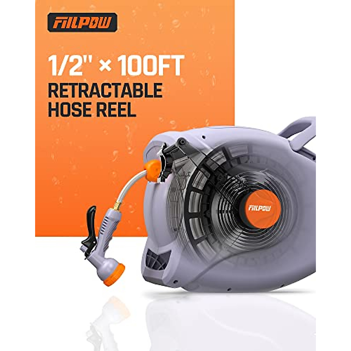 FIILPOW 1/2 Inch 100 FT Retractable Garden Hose Reel, Slow & Safe Return System, Water Hose Reel with Brass Connector, Double Lock Design, 8 Patterns Nozzle, 180° Swivel for Garden Watering