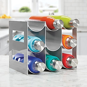 mDesign Plastic Water Bottle Organization/Wine Rack Storage Organizer for Kitchen Countertops, Cabinet, Bin, Pantry, Fridge, Refrigerator, 3 Tiers, 9 Bottles, Lumiere Collection - Gray