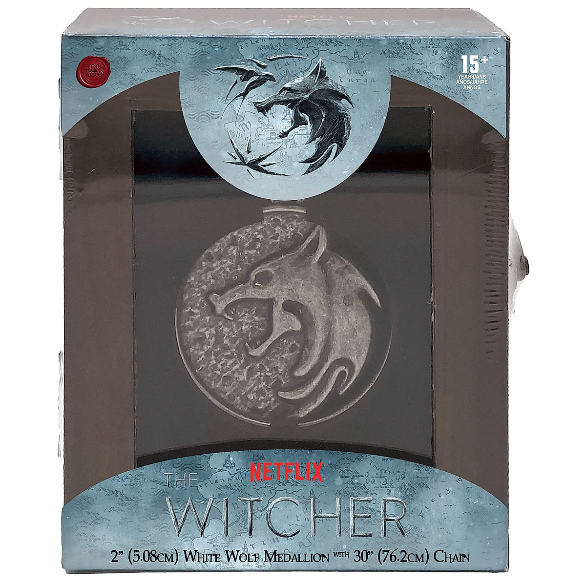 JINX Netflix's The Witcher White Wolf Medallion Necklace + Wooden Collector Box, Authenic Show Replica