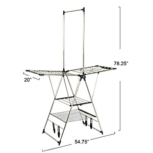 Household Essentials Multi Tier Stainless Steel Laundry Drying Rack with T Bar and Two Side Wings, Silver
