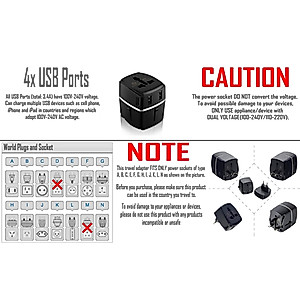 Bonazza Universal International Travel Adapter Kit with 4Amps 4 USB Ports - UK, US, AU, Europe All In One Plug Adapter - Over 150 Countries & USB Power Adapter for iPhone, Android, All USB Devices (FC-4U)