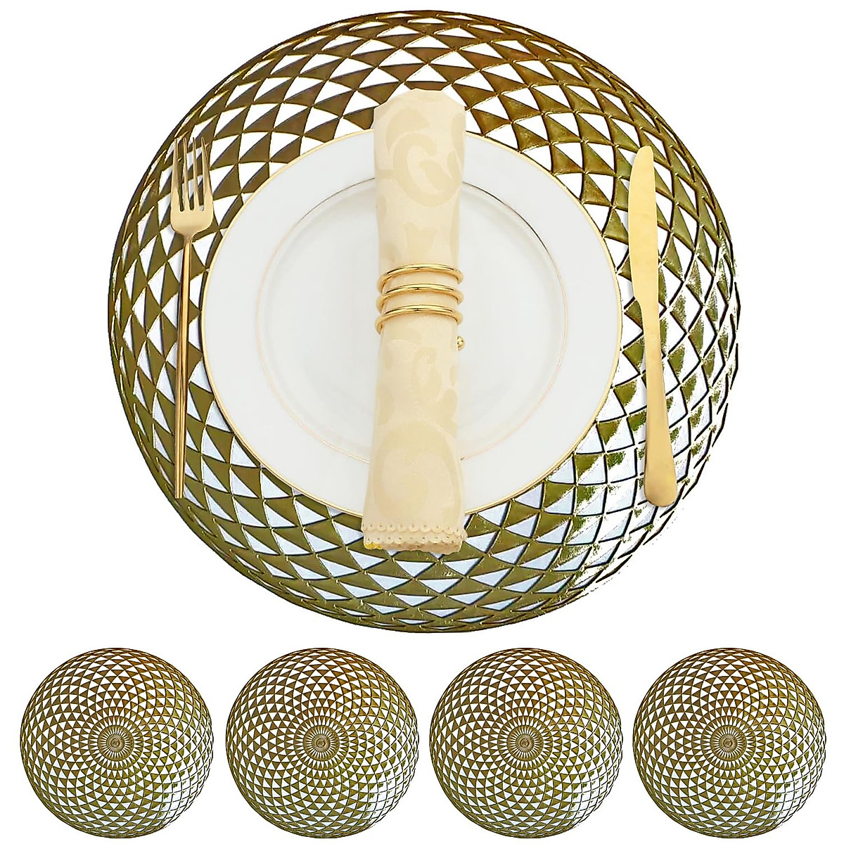 Metallic Placemats Set of 4 - Easy to Clean, Washable Decorative Place Mats for Kitchen and Dining Table - Non-Slip Round Table Mats - Dinnerware & Accessories - Dining Table Centerpiece Decor, Gold