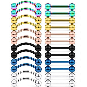 Hoeudjo 24 Pcs Nipple Rings 14G Curved Barbell Snake Eyes Tongue Ring Piercing Jewelry 316L Surgical Steel Nipplering Barbell 12mm Silver-tone Black Rose Gold