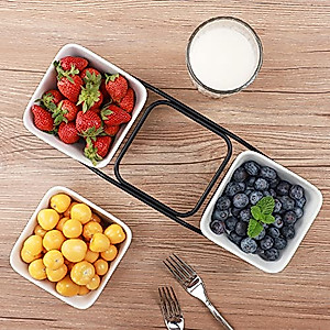 Buyajuju 3 pcs square bowl Porcelain Chip & Dip Serving Set with Black Metal Stand, 4.5inch White Small Serving Bowls for Side Dishes, Salsa, Appetizer, Serving Dishes for Entertaining