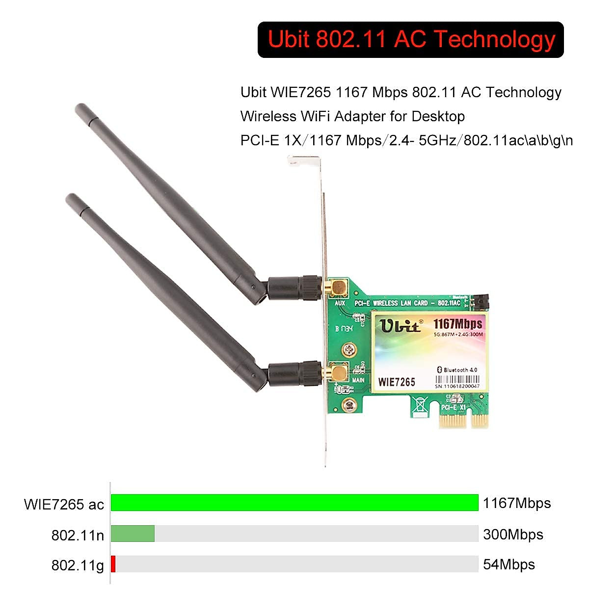Ubit Network Card, WiFi Adapter AC 7265, AC1200Mbps pcie WiFi Bluetooth Card, 6dBi Antenna Wireless Dual Band (5G/2.4G) WiFi Card for Desktop pc