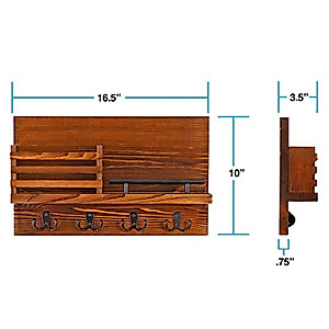 Ripple Creek Key Holder for Wall and Mail Shelf - Decorative Wooden Wall Organizer Rack for Keys, Letters, Bills - Pine Wood Unique Rustic and Industrial Decor - Perfect for Entryway, Kitchen