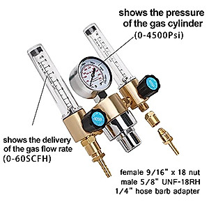 BETOOLL Argon/CO2 MIG TIG Flow Meter Gas Regulator Gauge 0-60 SCFH 0-4500 Psi CGA580 Inlet Connection