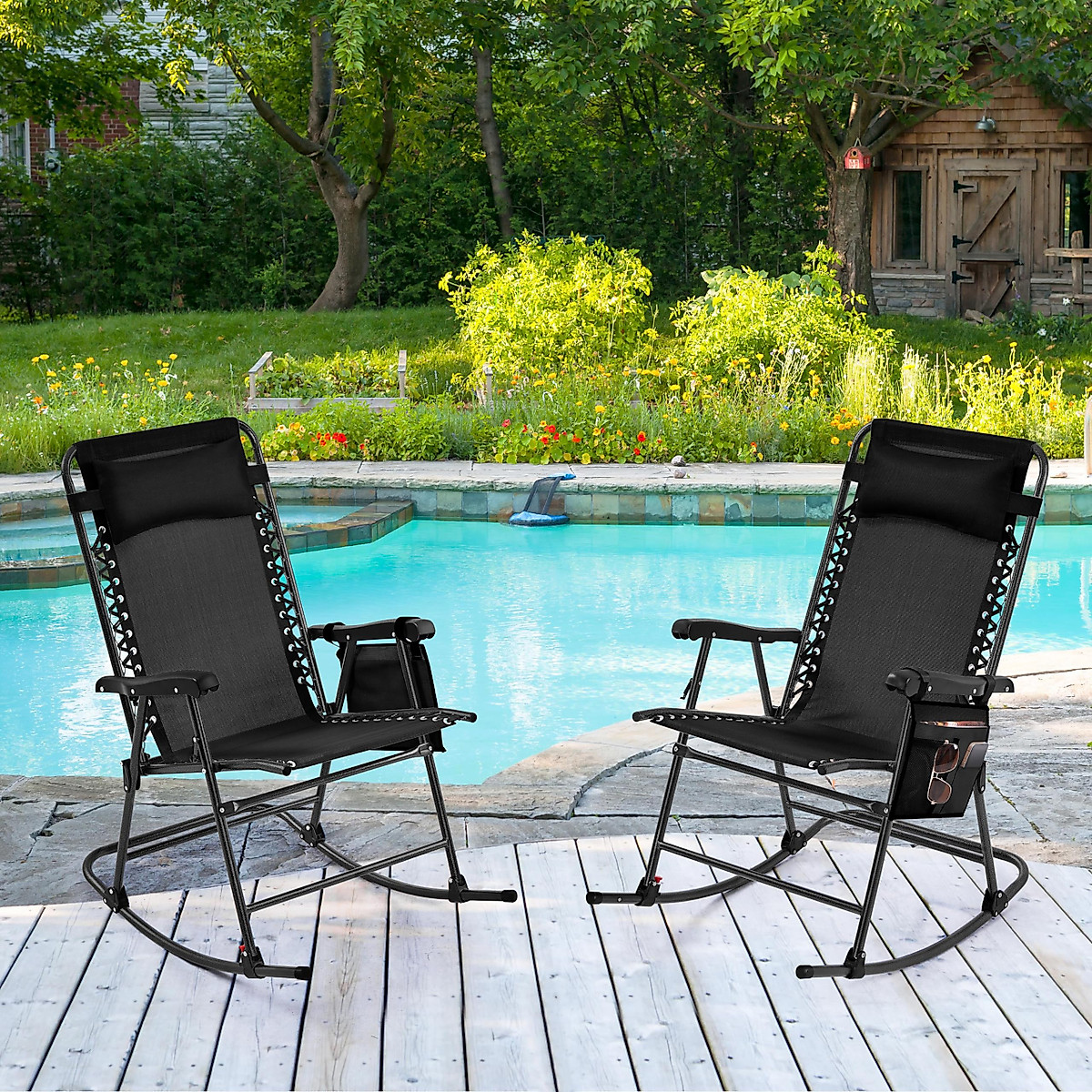 Yaheetech 2pcs 26in Rocking Chair Outdoor Zero Gravity Folding Chairs Rocking Chairs Foldable Outdoor Lounge Chair for Outside Lawn with Cupholder/Pillow Ergonomic Design for Rest