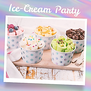 MATICAN Paper Ice Cream Cups - 50-Count 9-Oz Disposable Dessert Bowls for Hot or Cold Food, 9-Ounce Party Supplies Treat Cups for Sundae, Frozen Yogurt, Soup, Silver Foil Polka Dots
