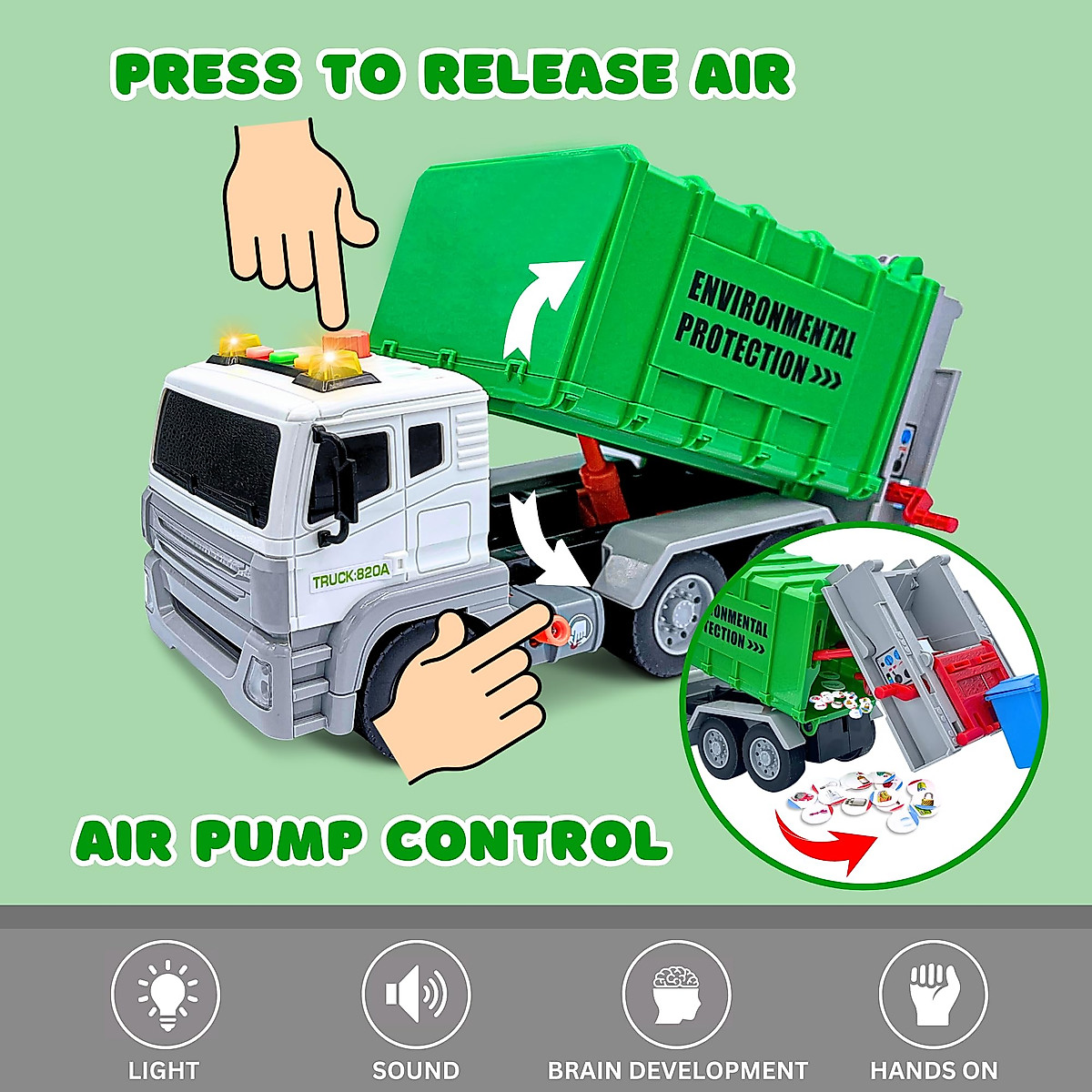 PlenPLAY Garbage Truck Toys 11 in 1 Playset - Realistic Trash Truck with 4 Trash Cans, Lifter Dumping Function, 1 Traffic Light, 4 Set Trash Cards, 1 People Figures - Toys for Boys 3+ Years Old