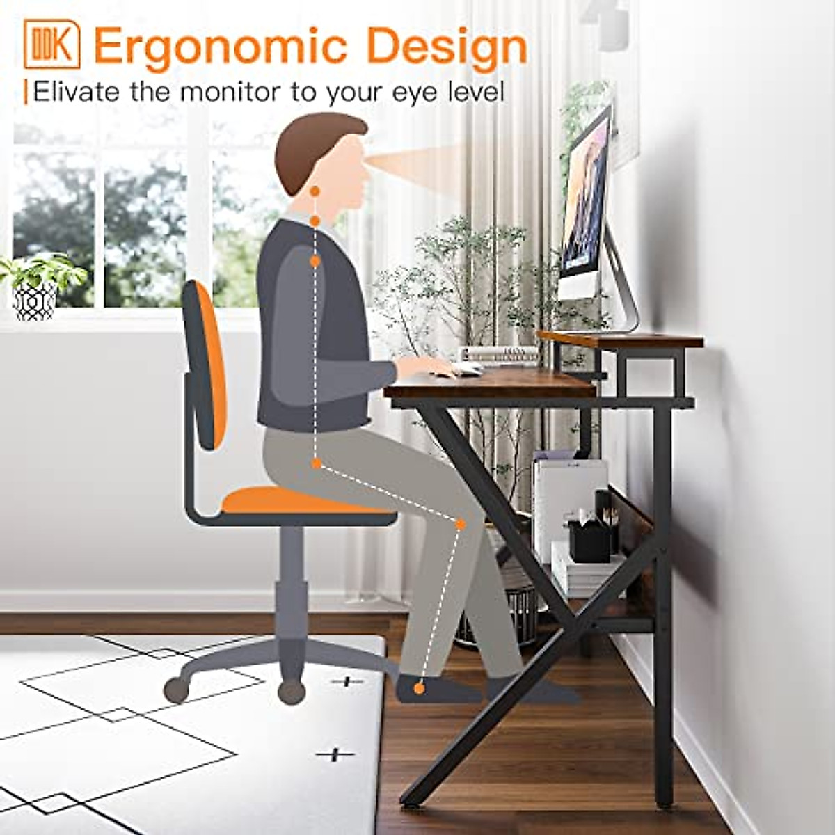 ODK Small Desk, 39 Inch Small Computer Desk for Small Spaces, Compact Desk with Storage, Tiny Desk Study Desk with Monitor Stand for Home Office, Rustic Brown