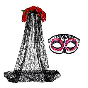 FRCOLOR Day Of The Dead Costumes For Women Day Of The Dead Headpiece Day Of The Dead Mask Black Veil Headband Flower Crown Halloween Costumes For Party Cosplay
