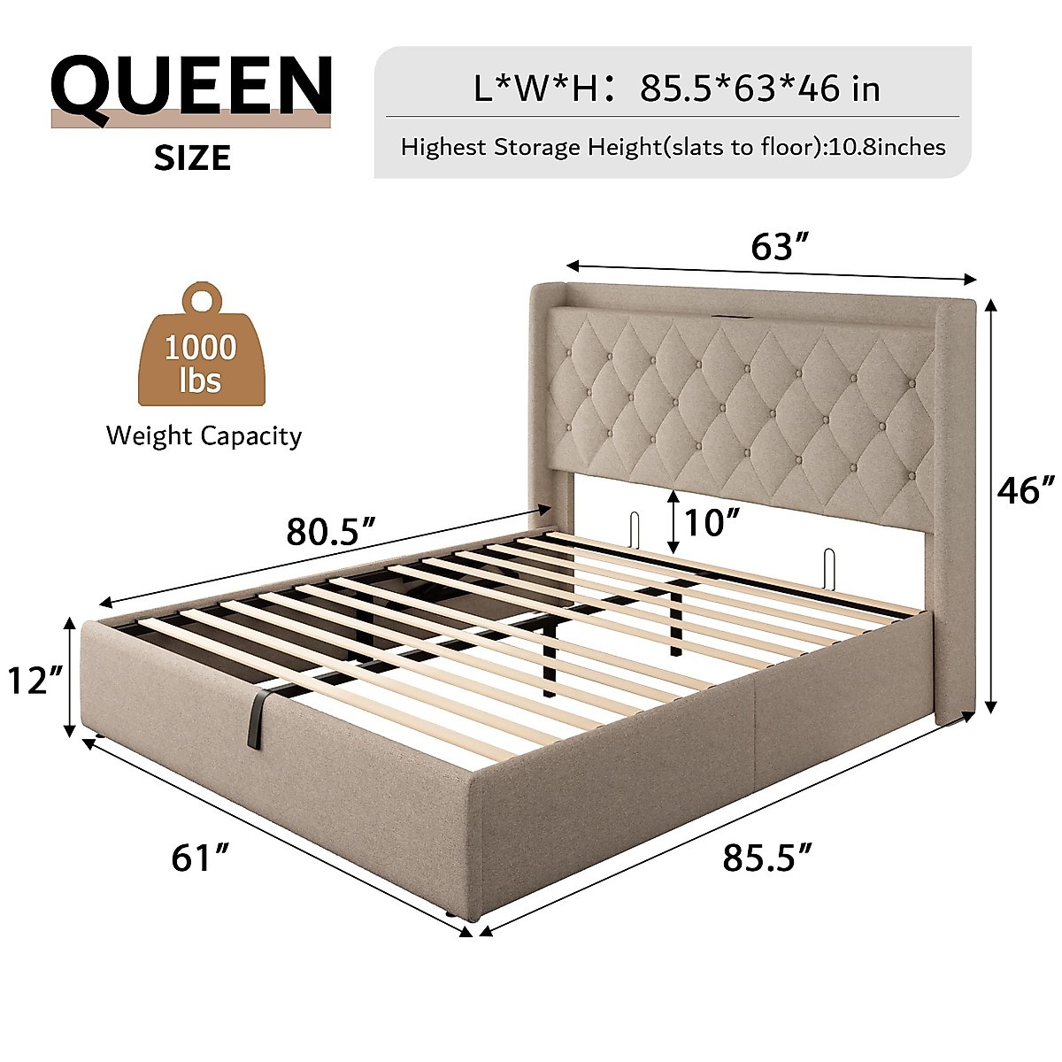iPormis Queen Size Lift Up Storage Bed Frame with Charging Station, Upholstered Platform Bed Frame with Tufted Headboard, Hydraulic Storage, No Box Spring Needed, Noise-Free, Easy Assembly, Beige