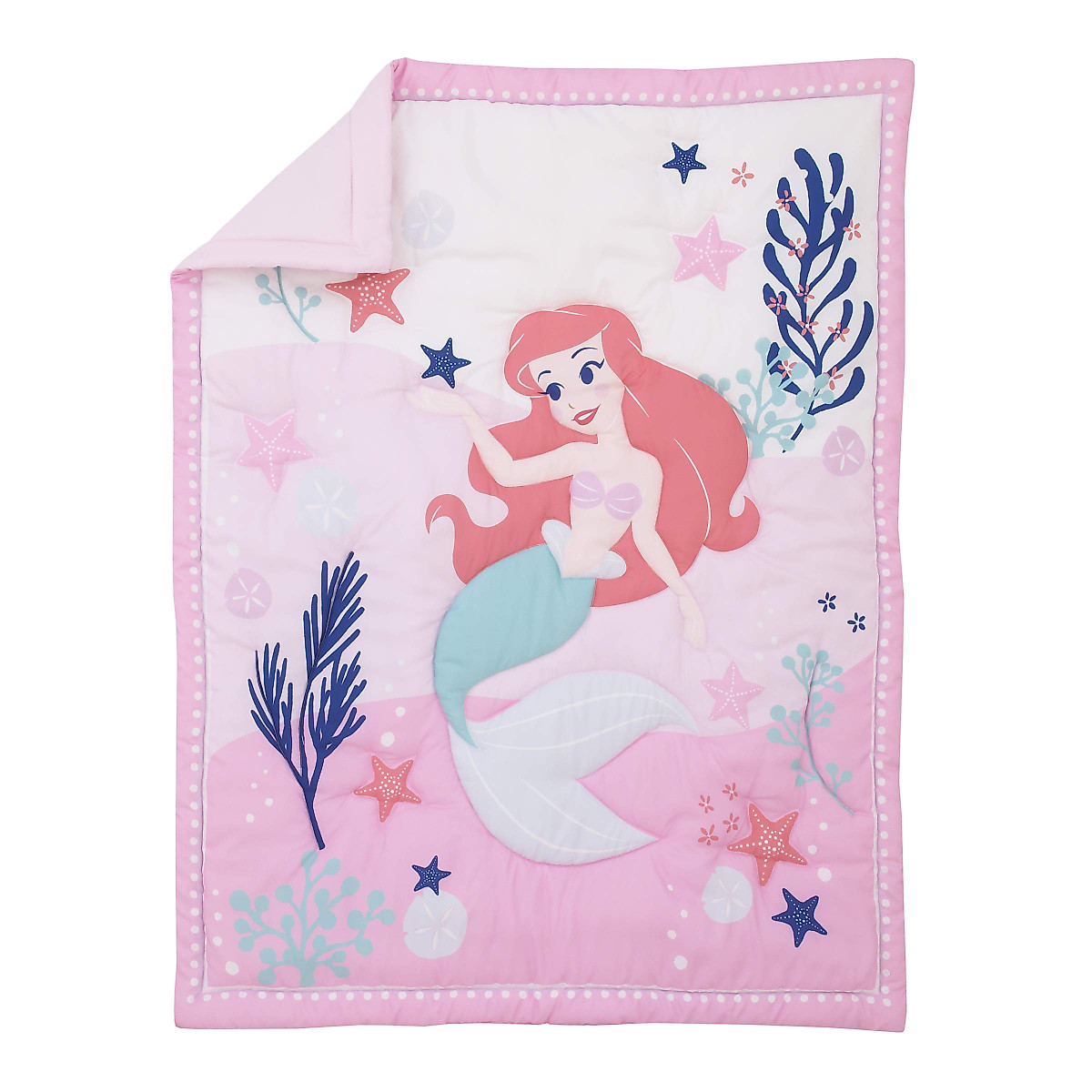 Disney The Little Mermaid Pink, Aqua, and Coral Ariel Cute by Nature 3 Piece Nursery Crib Bedding Set - Comforter, Crib Sheet, Dust Ruffle
