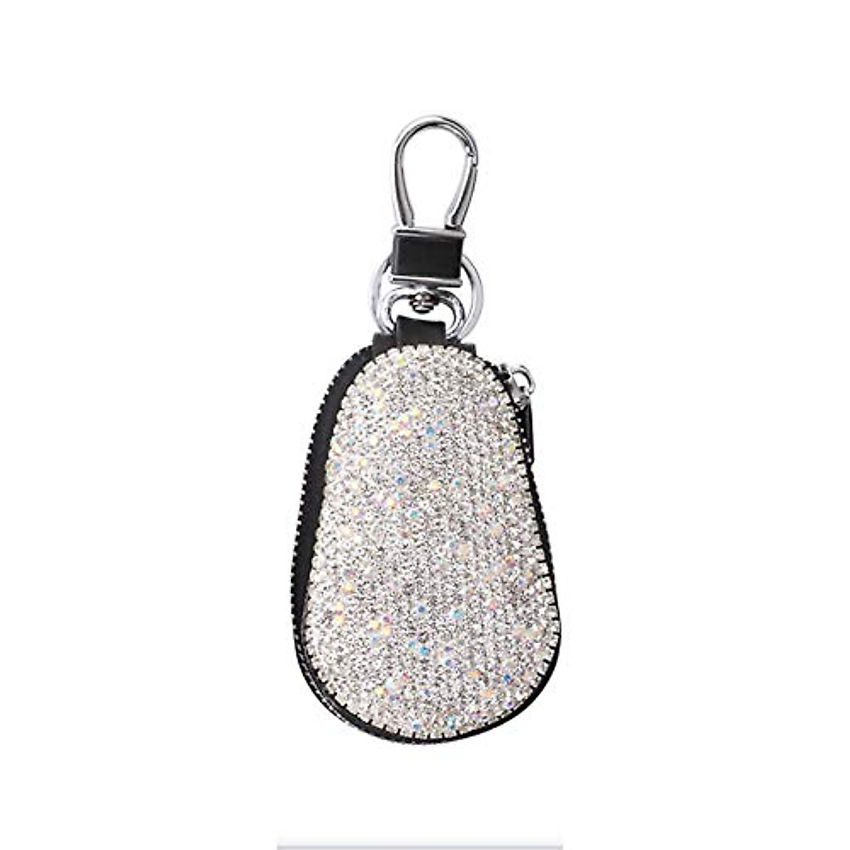 ihreesy Glitter Car Key Cover,Multifunctional Leather Key Case Glitter Rhinestone Key Bling Key Case with Zipper and Carabiner,White