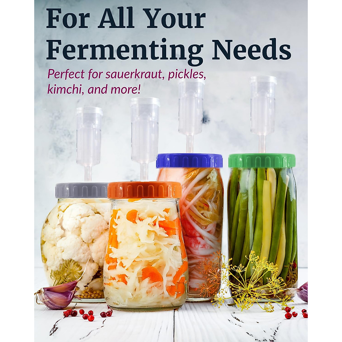 Mason Jar Fermentation Lids - Perfect Fermentation Kit for Wide Mouth Mason Jars (not included) - Make Delicious Sauerkraut & Kimchi, Airlocks for Fermenting Lids, Air Lock Fermenters - Set of 4