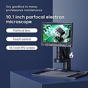 SZJMS 10.1" Digital Microscope 1600X, IPS Touch Screen Coin Microscope, 1080P 12MP Soldering Microscope with 30 Adjustable LED Lights, Parfocal Lens, Wireless Remote Control, PC Compatible