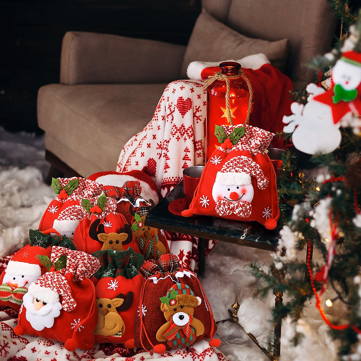 Clysee 12 Pcs Christmas Gift Doll Bags Christmas Eve Apple Bags Reusable Drawstring Gift Bags Elk Bear Santa Claus Snowman Fabric Goody Bag for Christmas Candy Party Favors Holiday Wrapping
