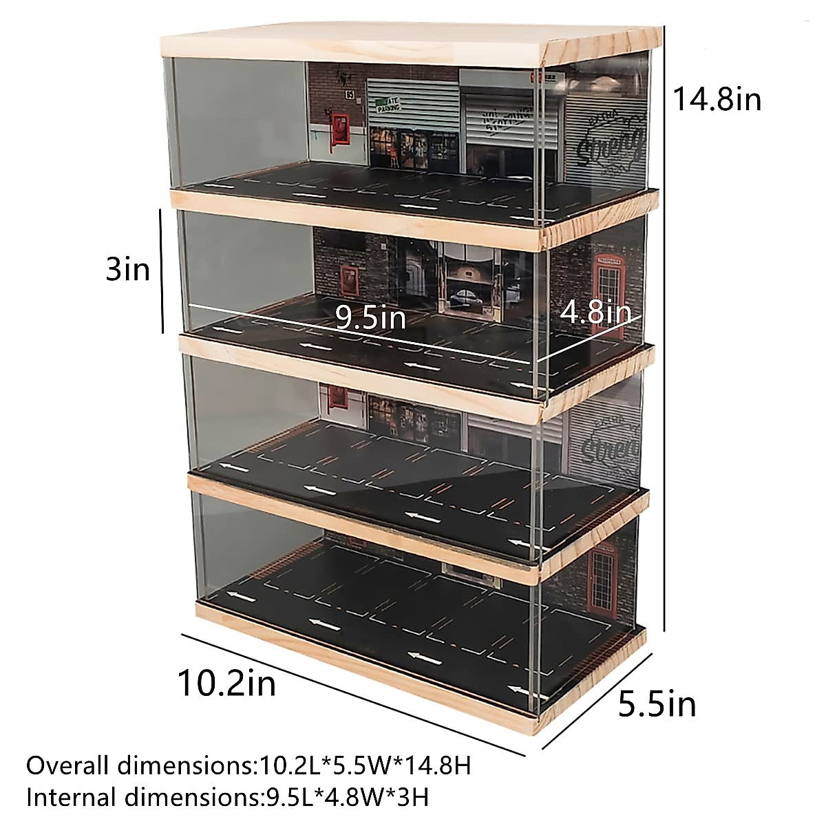 kivcmds 1:64 Scale 4-Tiers Vehicle Model Display Case for Sports Car and Lego Model Collectors, Display Stand for Alloy Car Model Toy with Parking Lot Scene (4-Tiers Auto Repair Store Scene)