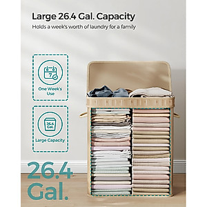 SONGMICS Laundry Hamper with Lid, Bamboo Laundry Basket, Removable Machine Washable Laundry Basket, with Handles, 26.4-Gallons, for Laundry Room, Bedroom, Bathroom, Natural Beige ULCB063N01