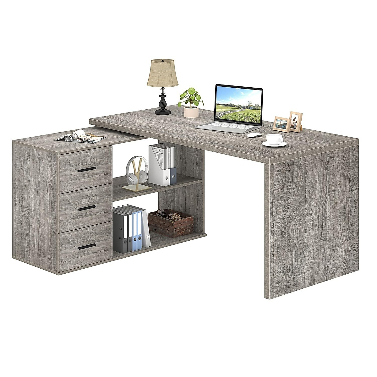 HSH 360° Rotating L Shaped Computer Desk with 3 Drawers and 2 Shelves, Home Office Swivel Desk for Work Writing Study Gaming, Reversible Wood Corner Desk with Storage Cabinet, Light Grey Oak, 55 Inch