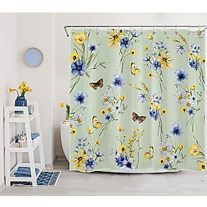 EOBTAIN Blue and Yellow Floral Shower Curtain for Bathroom Wildflower Botanical with Butterfly on Sage Green Shower Curtain with 12 Hooks Nature Plant Bathroom Curtains Shower Set 72x72 Inch