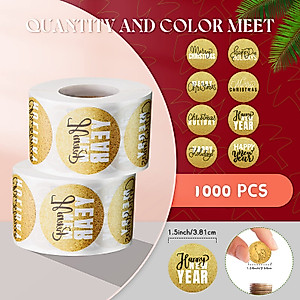 1000 Pieces 1.5 Inch Happy New Year Stickers Holiday Stickers for Cards Cute Holiday Package Sticker for Envelope Happy New Year Label Circle Sticker Roll for Handmade Goods Greeting Card