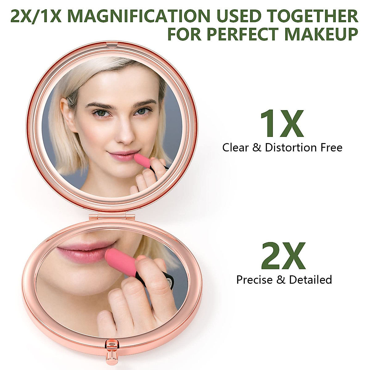 Nipichsha Compact Mirror, Pocket Travel Makeup Mirror, 2-Sided 2X/1X Magnification Compact Mirror, Small Folding Portable Handheld Mirror for Purses, Gift for Mom Women, 2.75In Rose Gold(Pink Marble)