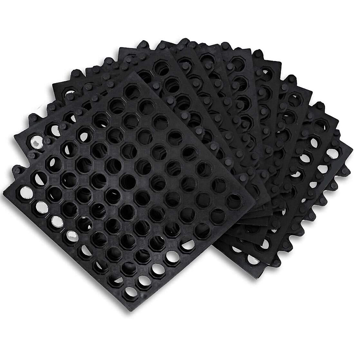 Rubber Floor Mats Anti Fatigue Kitchen Mats 9 Pack 11.8" x 11.8" Modular Rubber Interlocking Floor Tiles, Drain Pool Balcony Patio Yard Pet Area Use Restaurant Bar Floor Mat Black