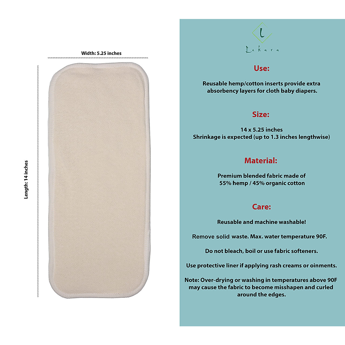 Lukara Hemp Cloth Diaper Inserts - Reusable Cloth Diaper Liners for Children, Hemp Diaper Inserts for All Needs, Fits All Diapers & Absorbent Hemp Inserts for Cloth Diapers, Reusable Diapers (5 Pack)