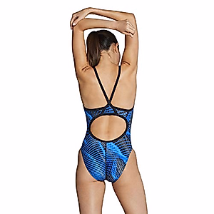 Speedo Women's Standard Swimsuit One Piece Powerflex Flyback Printed Adult Team Colors, Coded Riff Blue, 20