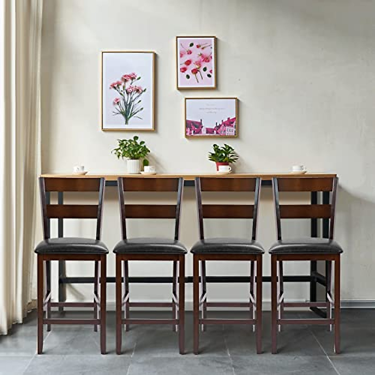 COSTWAY Set of 4 Bar Stools, 25” Counter Height Kitchen Dining Pub Chairs with Soft Padded Seat, PU Leather Cover & Rubber Wood Legs, Suitable for Dining Room, Restaurant & Cafe Store (4)