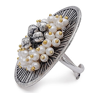 I Jewels Silver Oxidised Indian Wedding Bollywood Ethnic Adjustable Brass Finger Ring Embellished With ghungroo and pearl (Style-2)