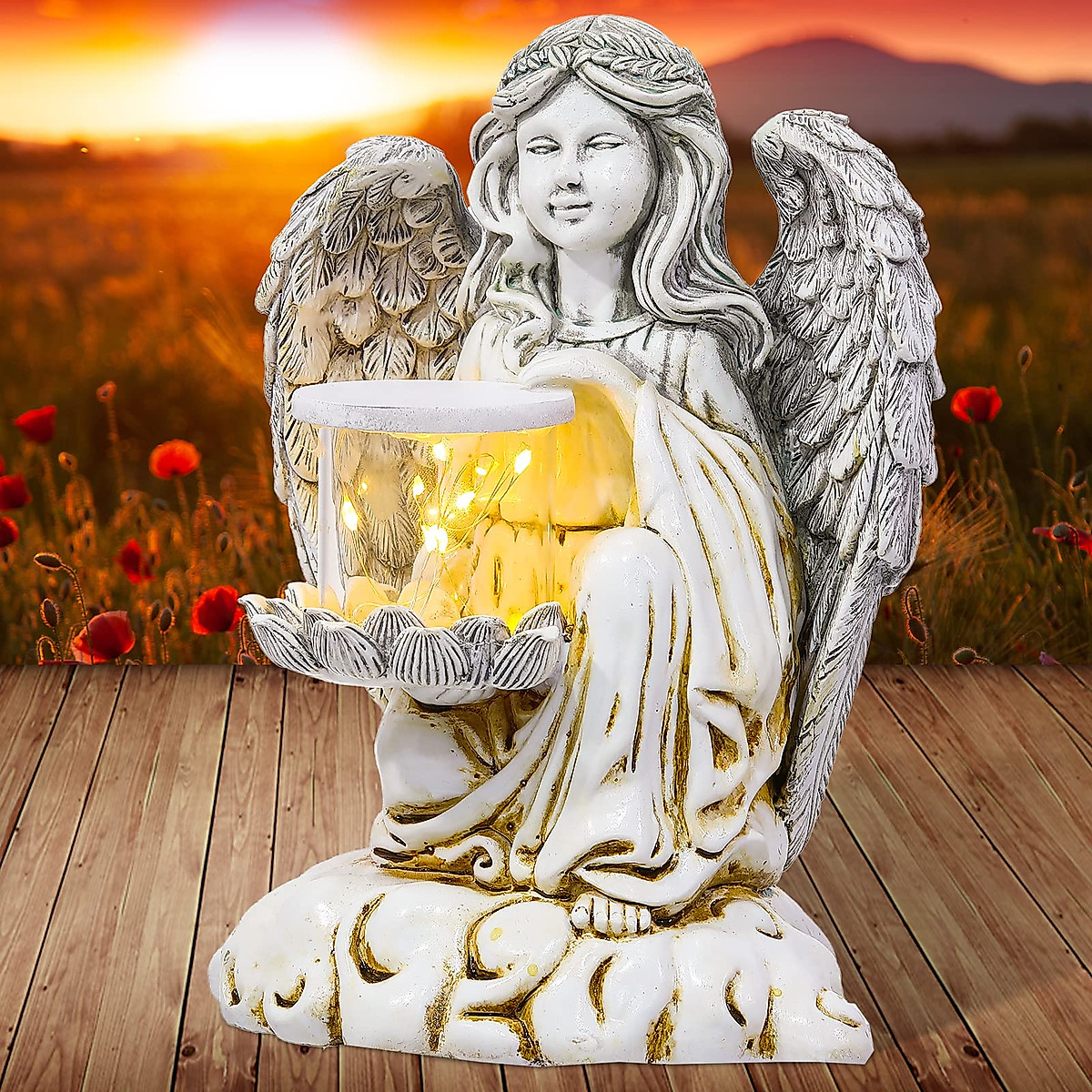 Angel Solar Garden Statue Solar Powered Fairy Praying Angel Figurine with Solar LED Angel Lights Decorations Waterproof for Home Garden Outdoor Decor Art Sculpture Ornament
