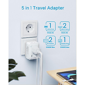 1 Pack European Travel Plug Adapter, VINTAR Foldable International Power Plug with 2 AC Outlets 3 USB Ports(2 USB C), Type C Travel Essentials Charger for US to Most of Europe EU Italy Spain France