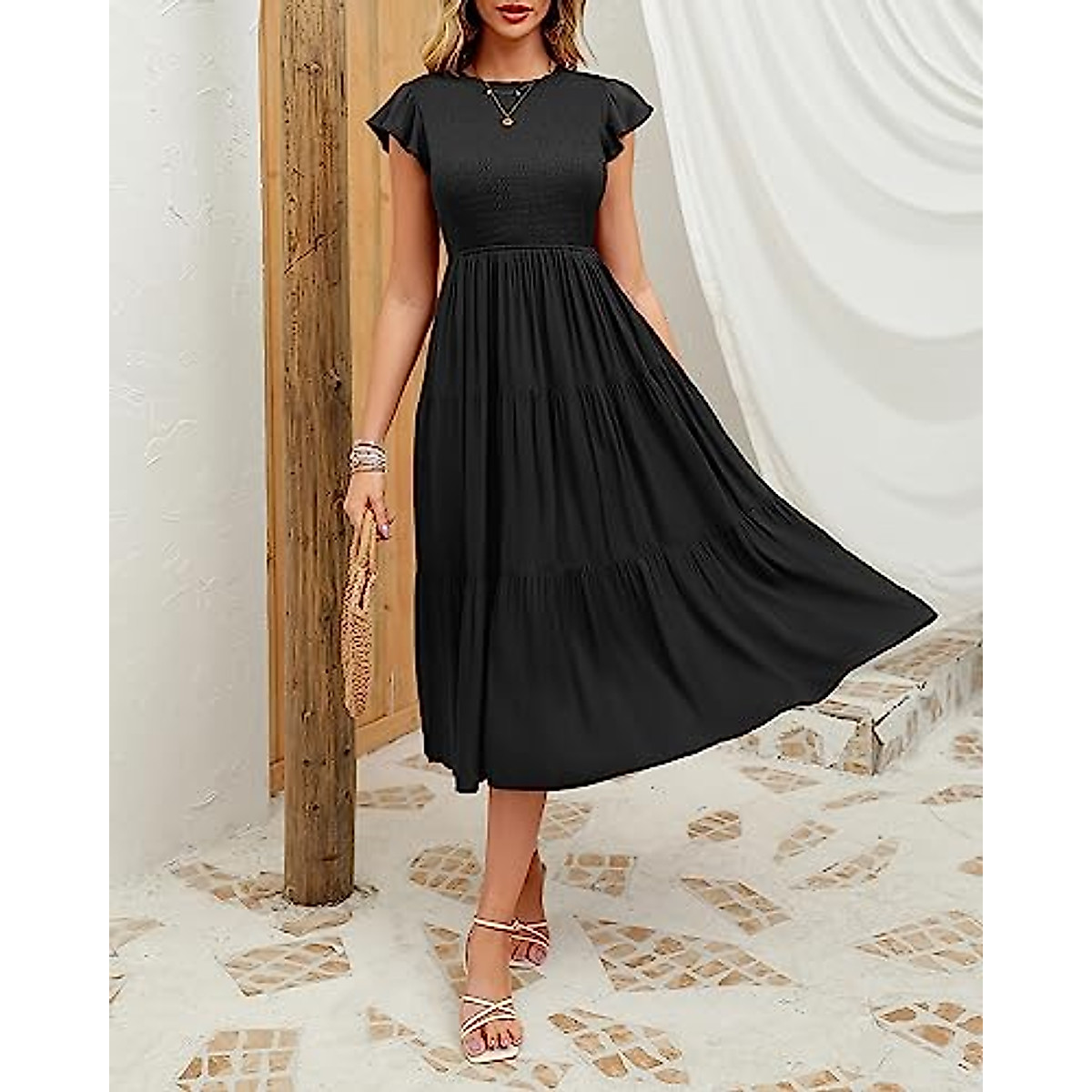 Holipick Women's Summer Casual Dress Short Sleeves Crew Neck Smocked High Waist Tiered A-Line Midi Dress M Black