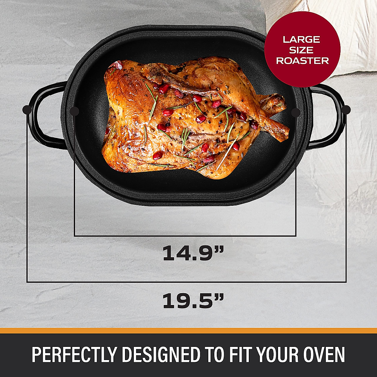 Granite Stone Oval Roaster Pan, Large 19.5” Ultra Nonstick Roasting Pan with Lid, Grooved Bottom for Basting, Broiler Pan for Oven, Dishwasher Safe, Up to 25lb Turkey/Roast, Serves 12 – 25